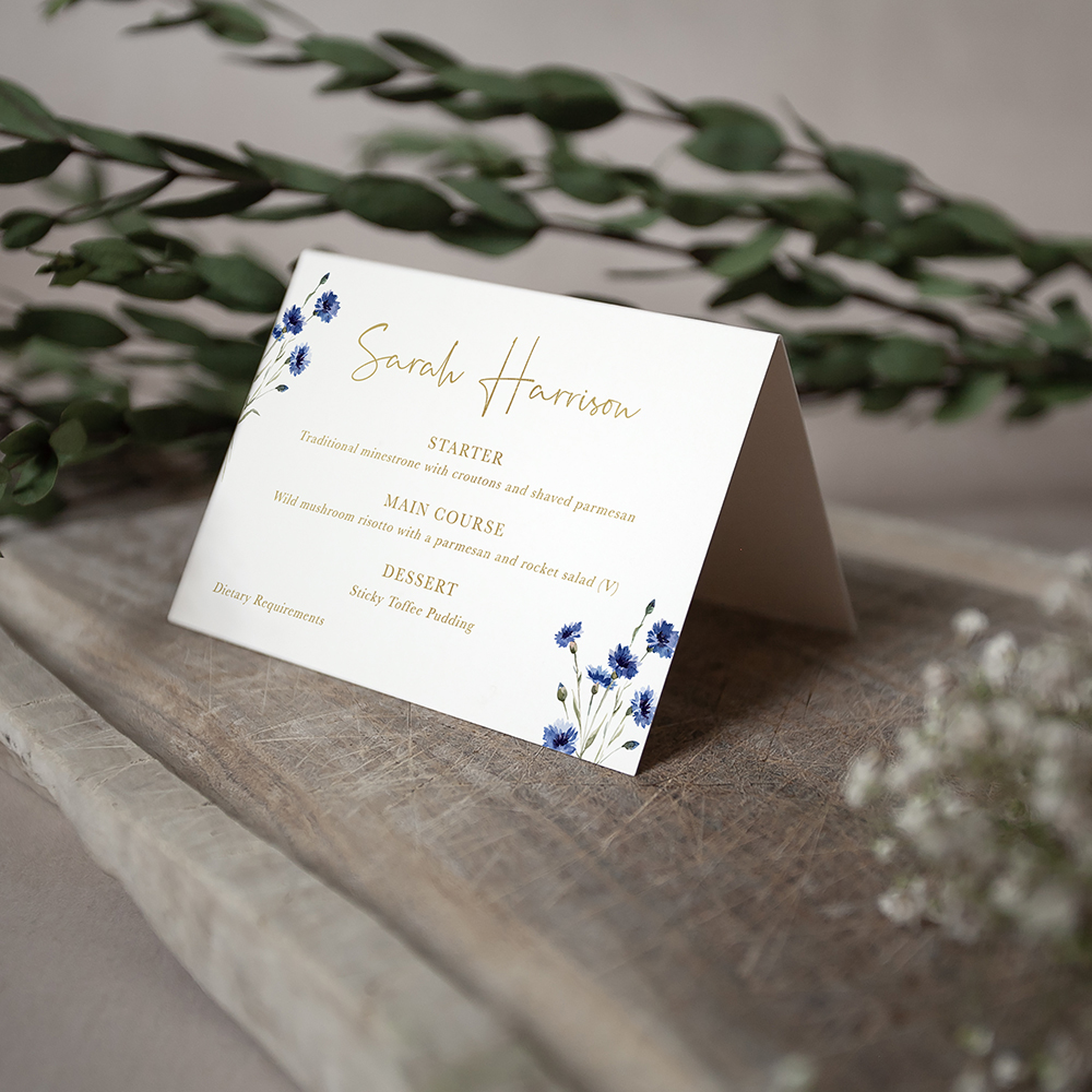 Menu Place Cards Gold/Silver Foil - Cornflower Blue
